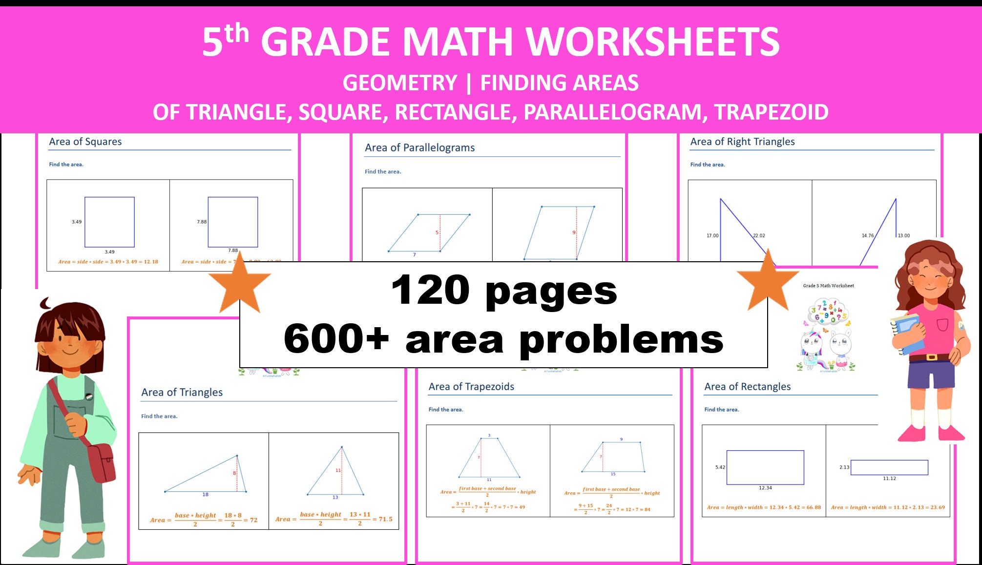 5th Grade Math Worksheets | Geometry | Areas of Triangle, Rectangle ...