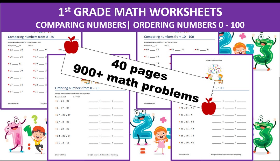 1st Grade Math Worksheets | Comparing | Ordering | 0 - 100 | 40 Pages ...