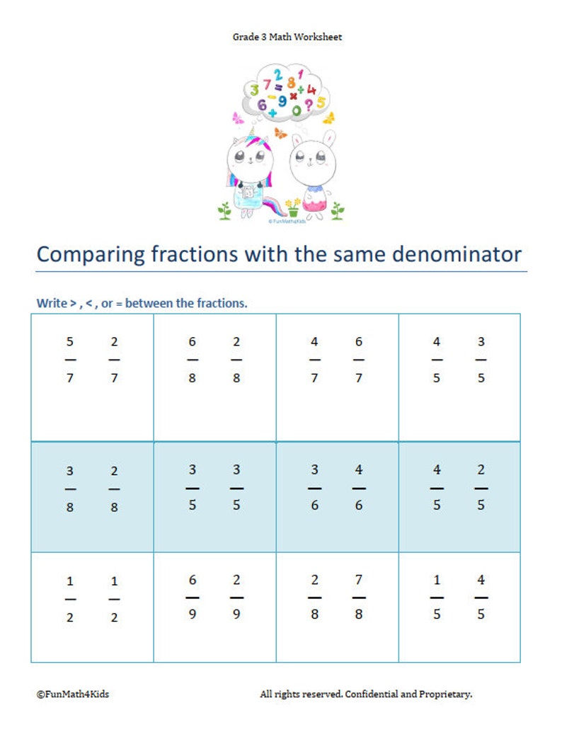 3rd Grade Math Worksheets Fraction Identify & Compare - Etsy