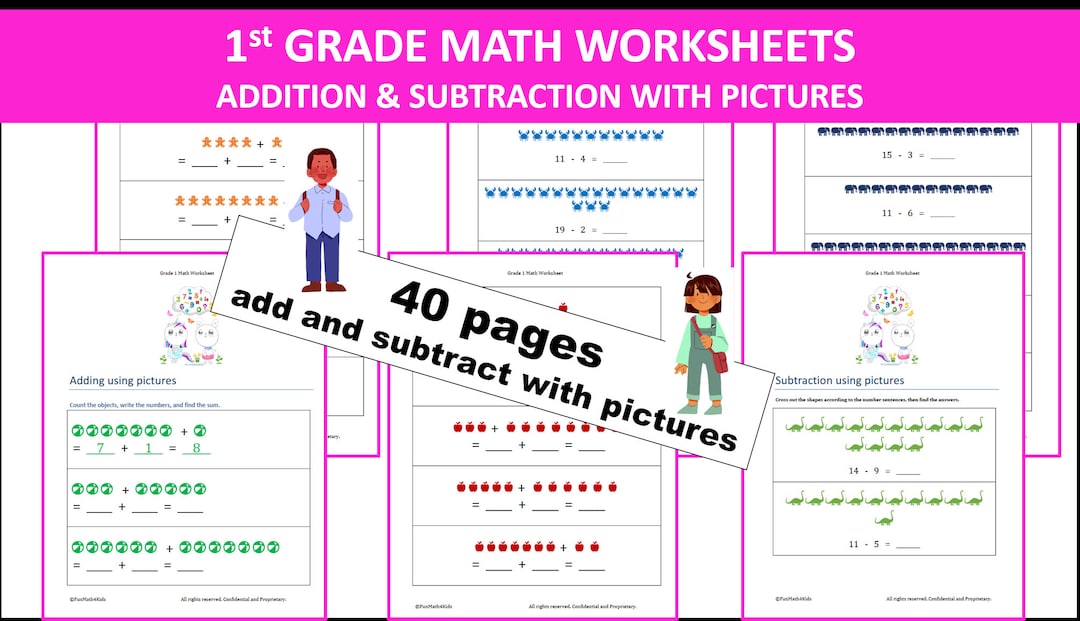 1st Grade Math Worksheets | Addition & Subtraction With Pictures | 40 ...