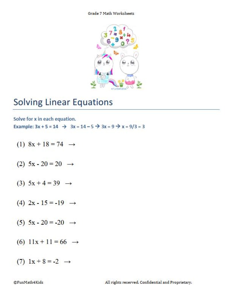 7th Grade Math Worksheets: Linear Equations With Answer Keys (printable ...