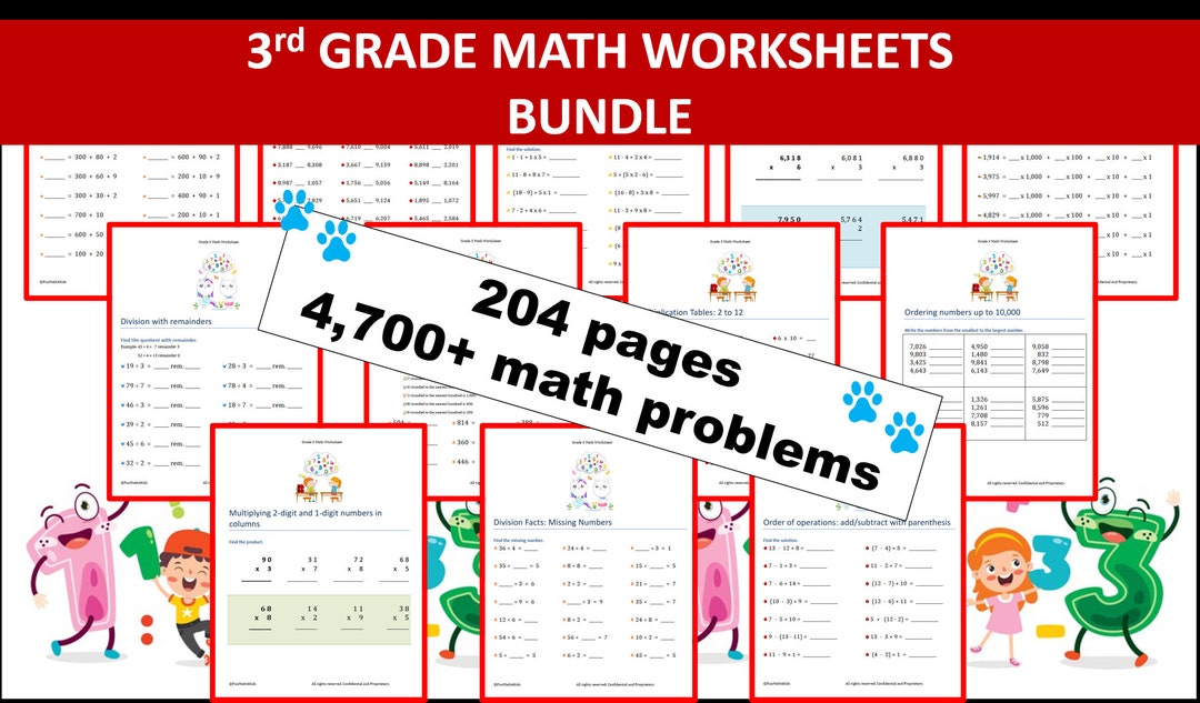 3rd Grade Math Worksheets BUNDLE 204 Pages 4,700 Math Problems Instant ...