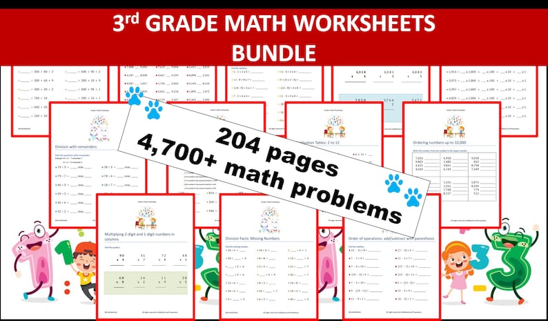 3rd Grade Math Worksheets BUNDLE | 204 Pages | 4,700+ Math Problems ...