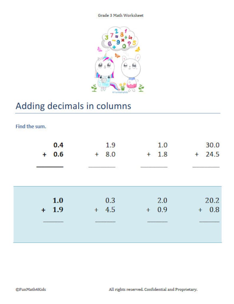 3rd Grade Math Worksheets Fractions Add & Subtract Add Decimals 80 ...