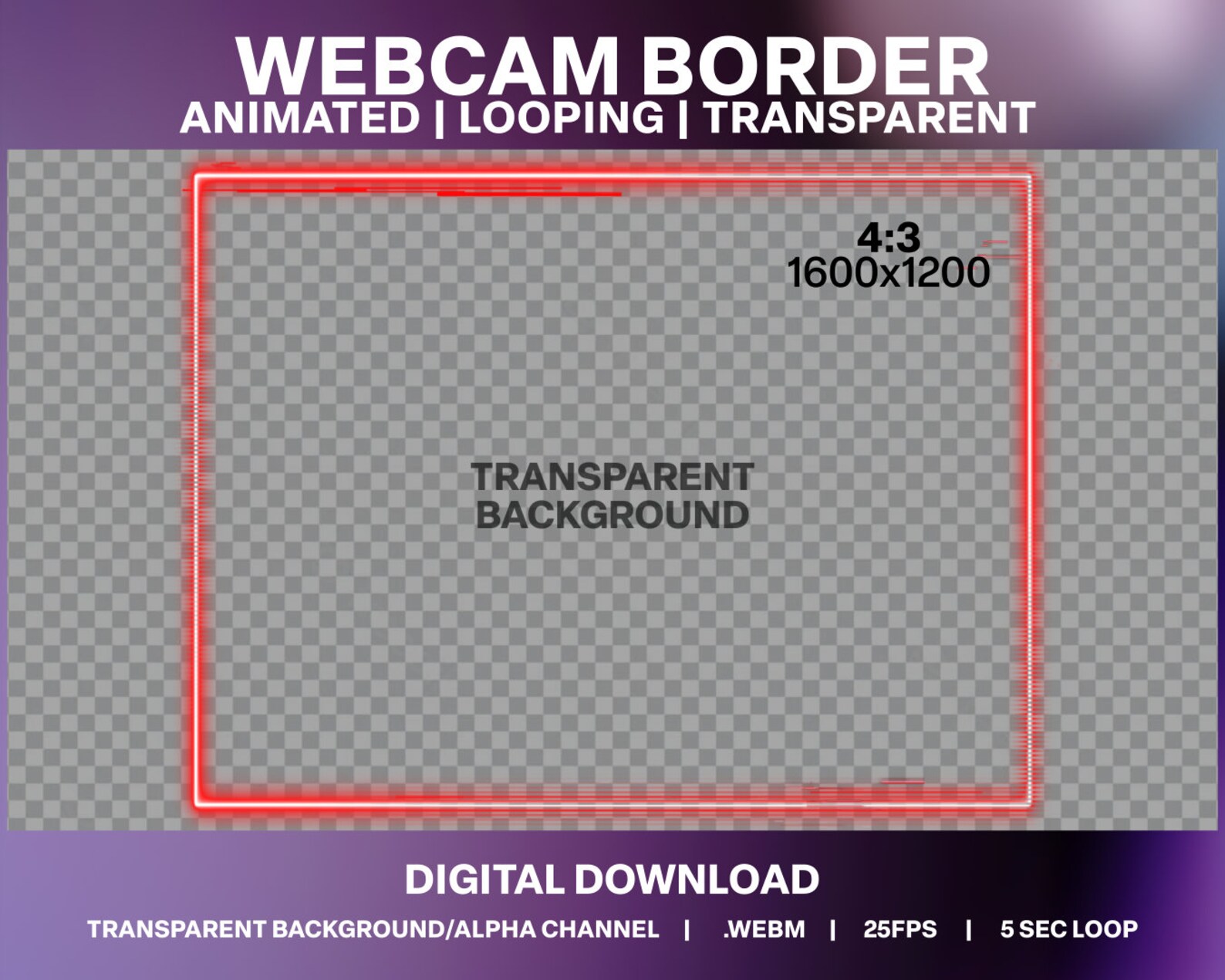 Red Neon Glitch Animated Webcam Border: Streaming Overlay (digital ...