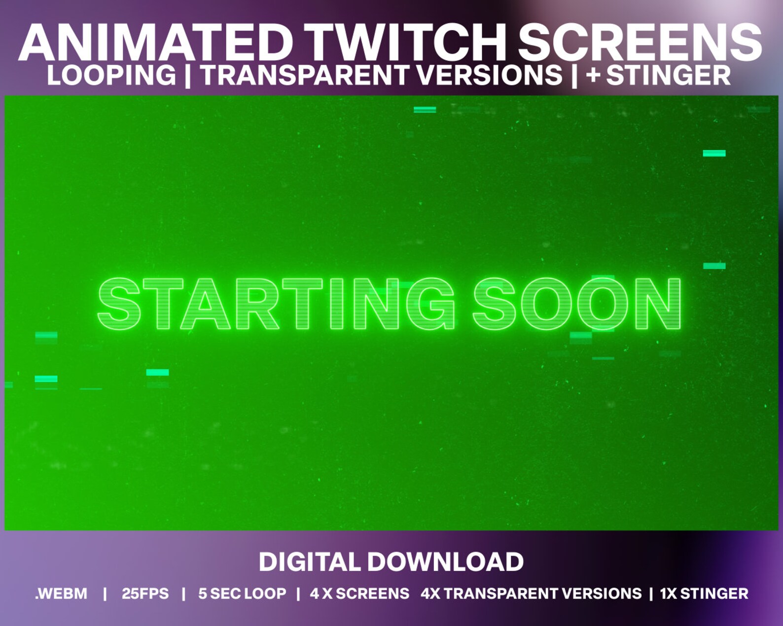 Neon Glitch Animated Twitch Stream Screens | VHS Cyber Punk Noise Kick ...