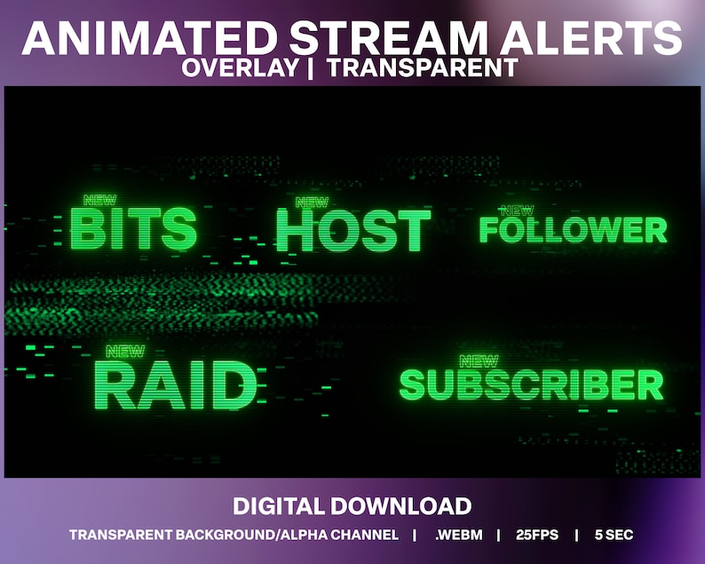 Neon Glitch Animated Stream Alerts: Green Twitch Overlays (digital ...