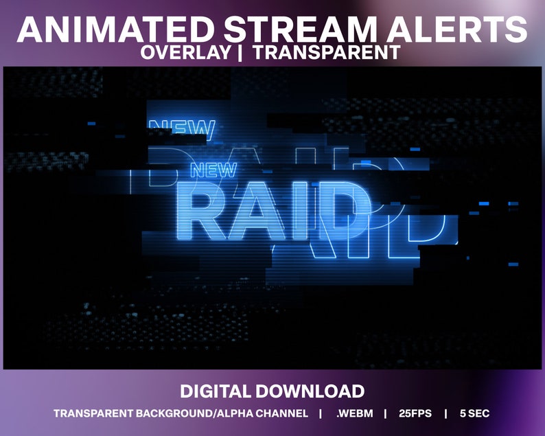 Neon Glitch Animated Stream Alerts VHS Stream Decoration Blue Twitch ...