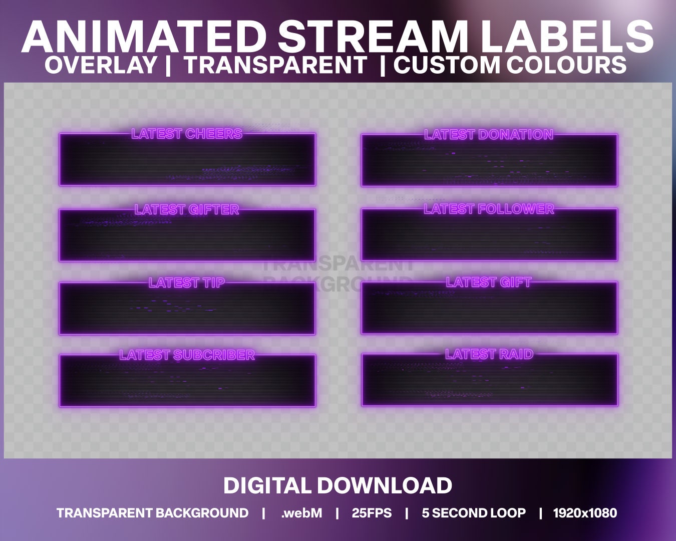Neon Glitch Animated Stream Labels: Twitch Overlay (digital Download ...