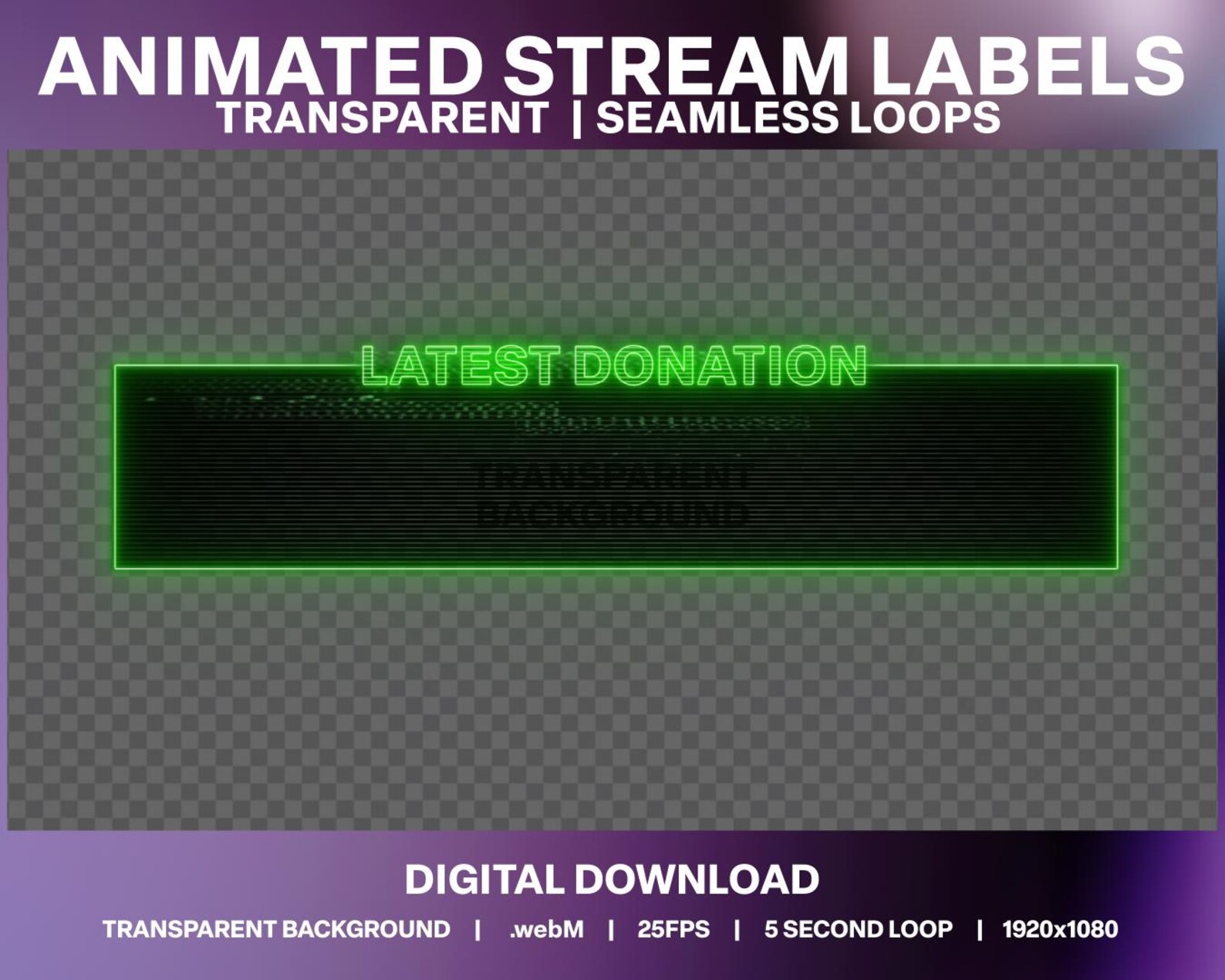 Neon Glitch Animated Stream Labels: Twitch Overlay (webm Files, Digital ...