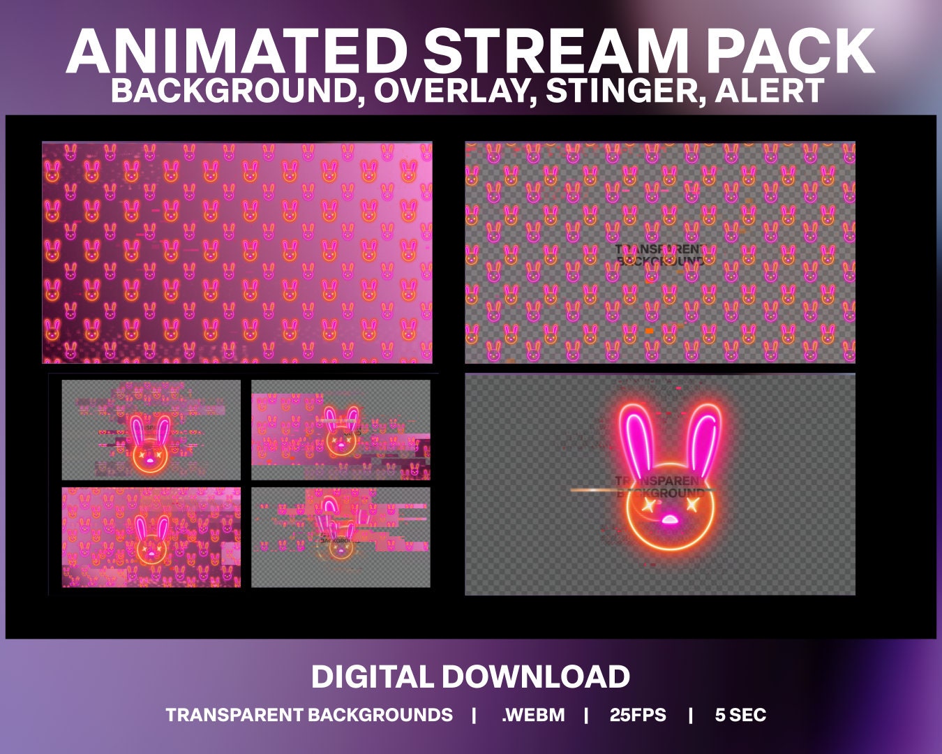 Neon Easter Bunny Glitch Stream Pack: Animated Twitch Overlays (digital ...