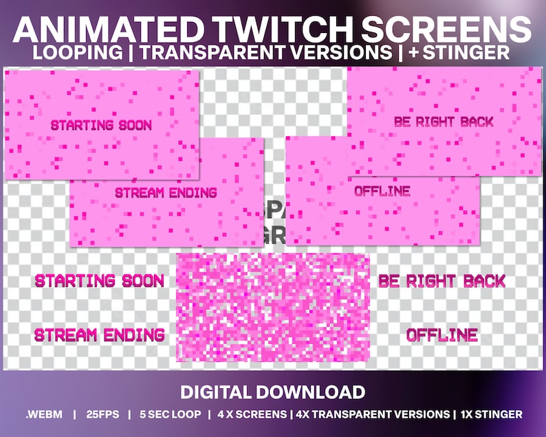 8bit Pixel Animated Stream Screens: Pink Twitch Overlays (digital ...