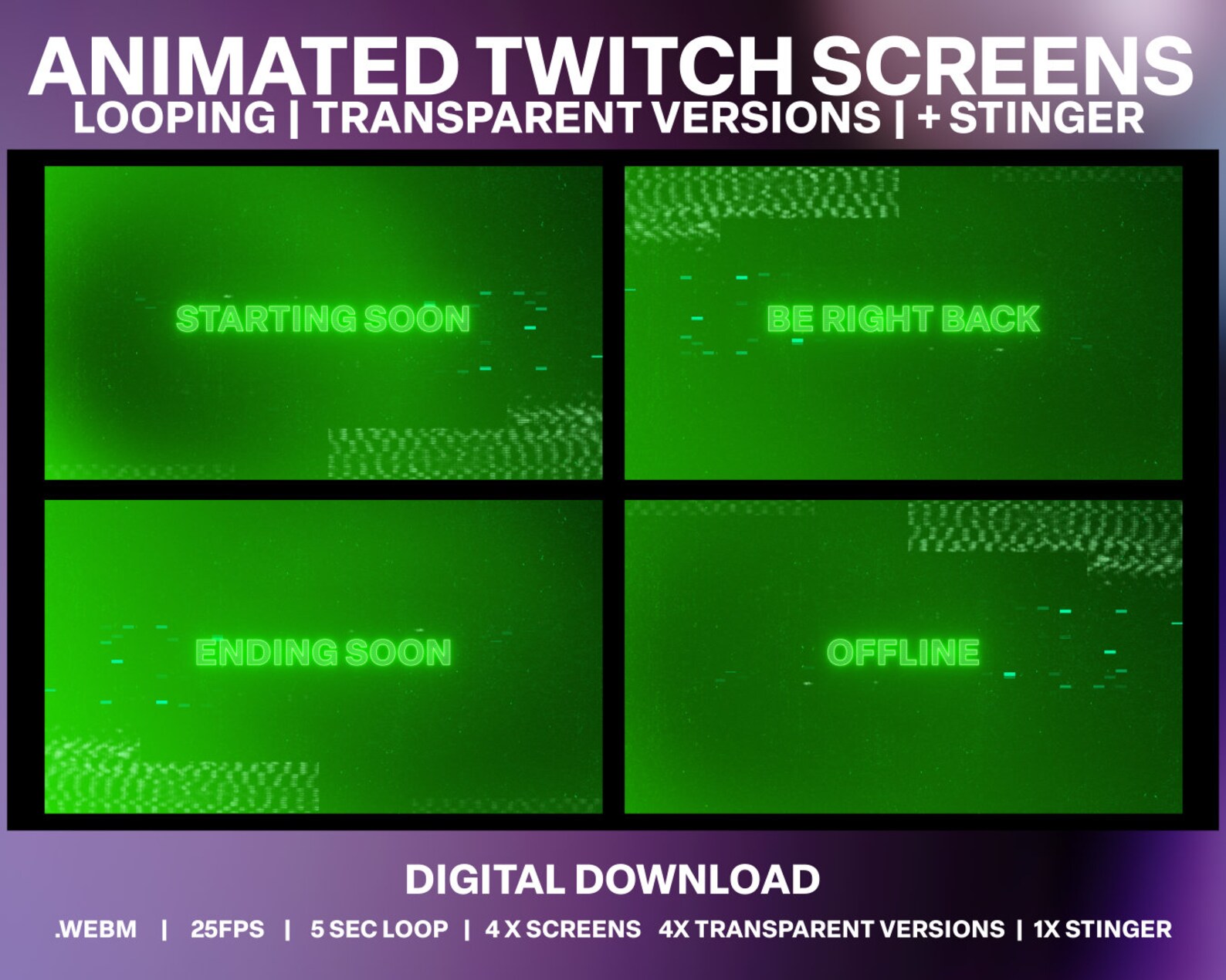 Neon Glitch Animated Twitch Stream Screens | VHS Cyber Punk Noise Kick ...