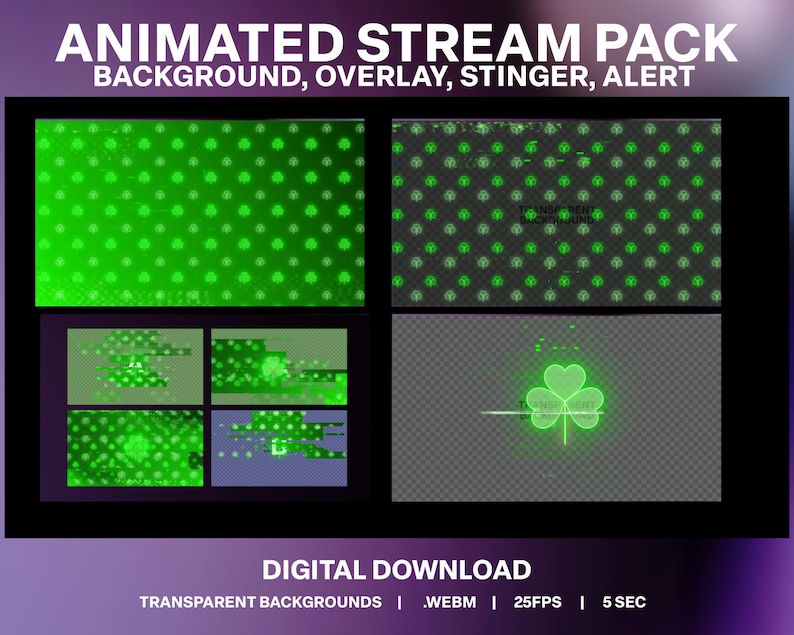 Clover Animated Stream Overlay Pack: Neon Green Glitch (digital ...