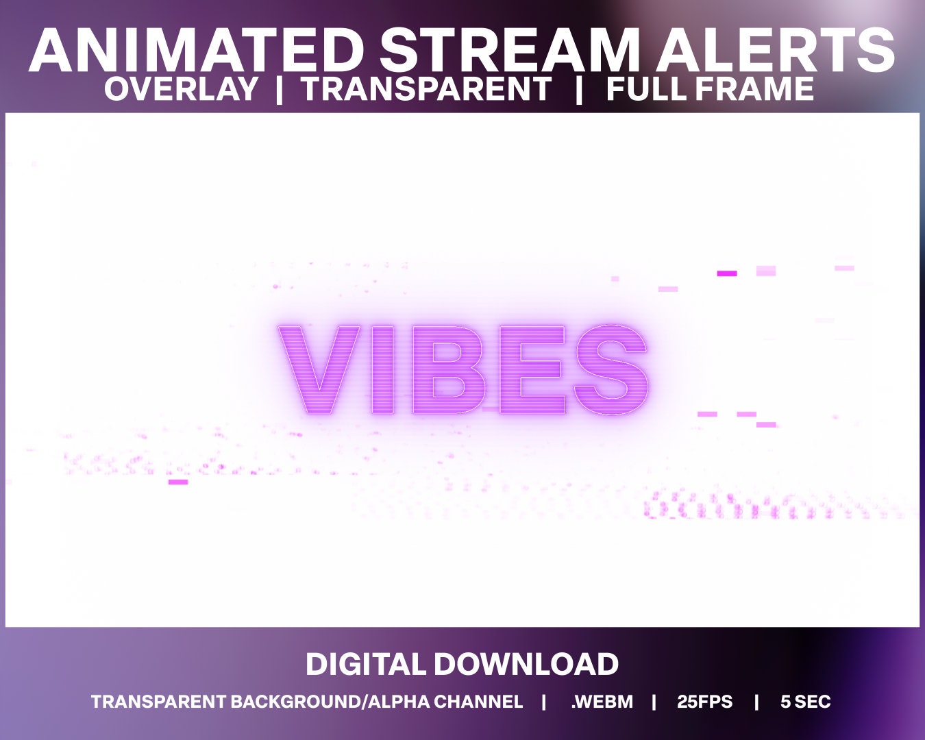 Neon Glitch Animated Stream Alerts: Purple Twitch Overlays (digital ...