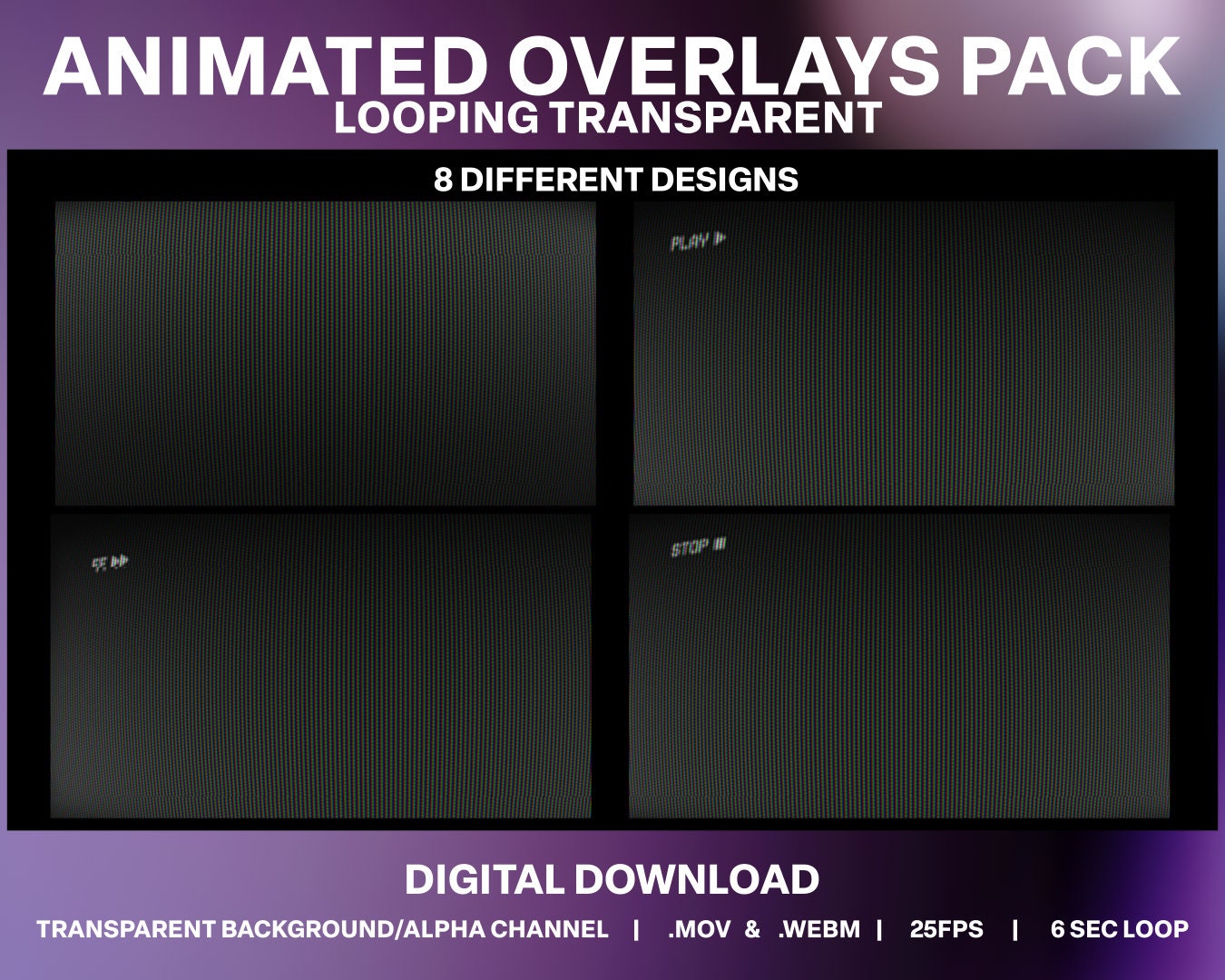 VHS Noise Animated Transparent Overlay 8 Pack Play Stop Rewind Old VCR ...