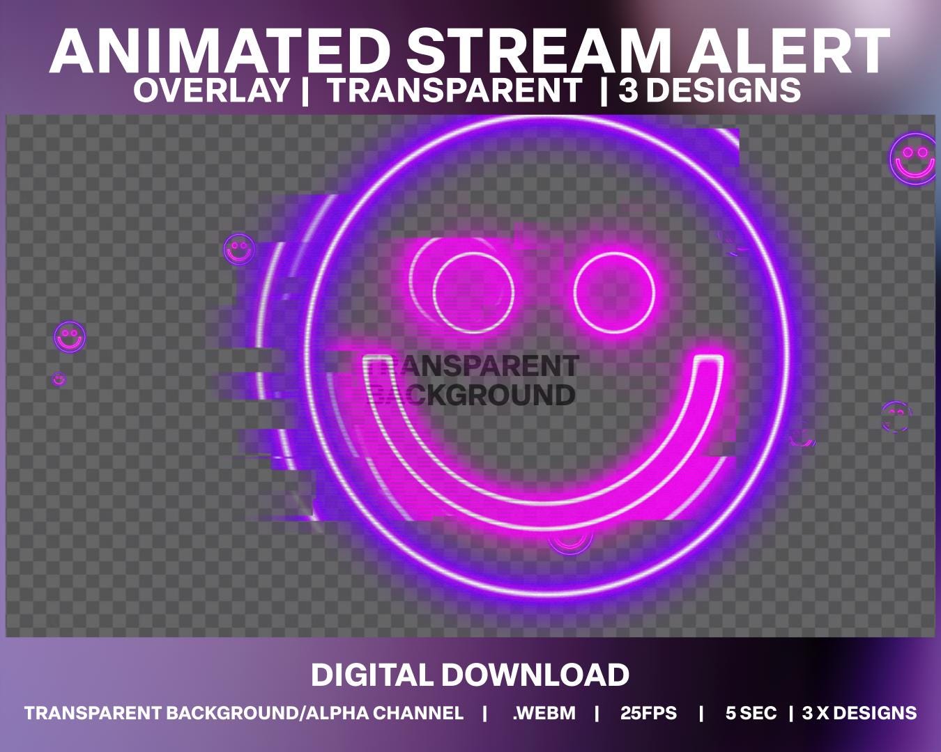 Neon Smiley Face Animated Stream Alerts: Cyber Glitch Twitch Overlay ...