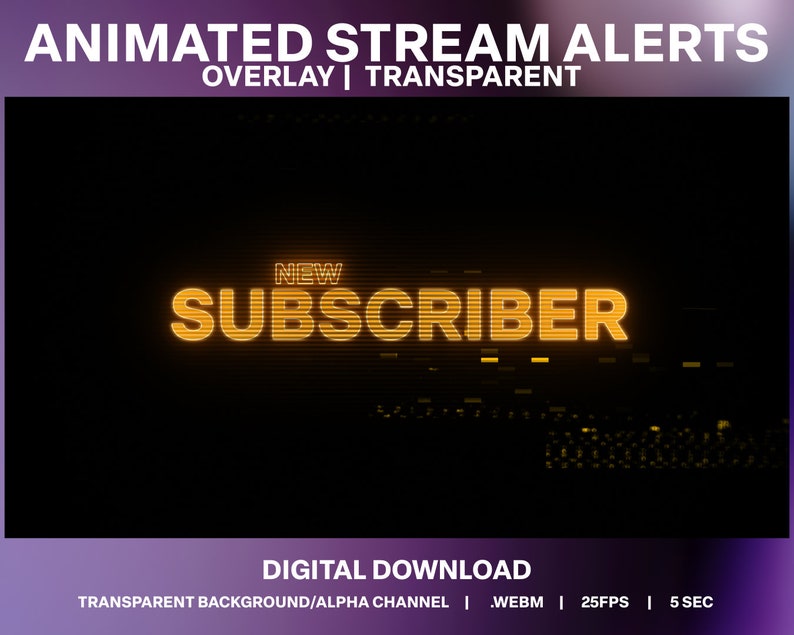 Neon Glitch Animated Stream Alerts VHS Stream Decoration Purple Twitch ...