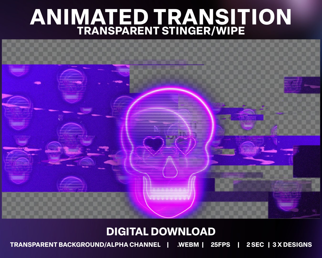 Neon Glow Skull Glitch Animated Transitions Pack | Punk Stream Wipe | Purple Neon Animated ...