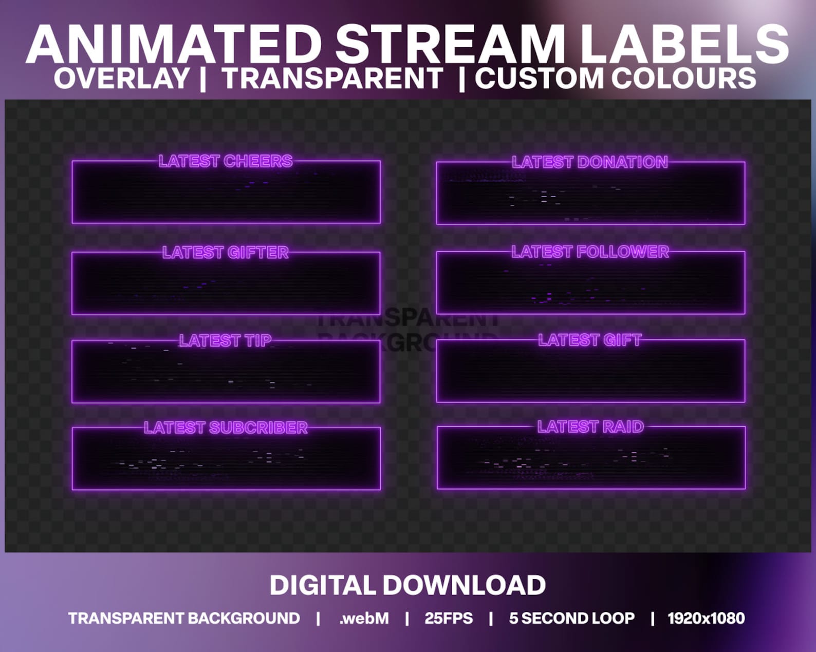 Neon Glitch Animated Stream Labels: Twitch Overlay (digital Download ...