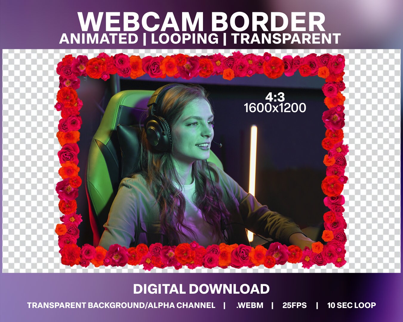 Red Roses Animated Webcam Border: Valentine Stream Overlay (digital ...