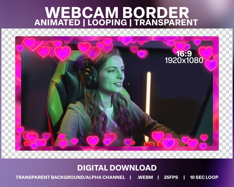 Pink Hearts Animated Stream Overlay: Valentine's Webcam Border (digital ...