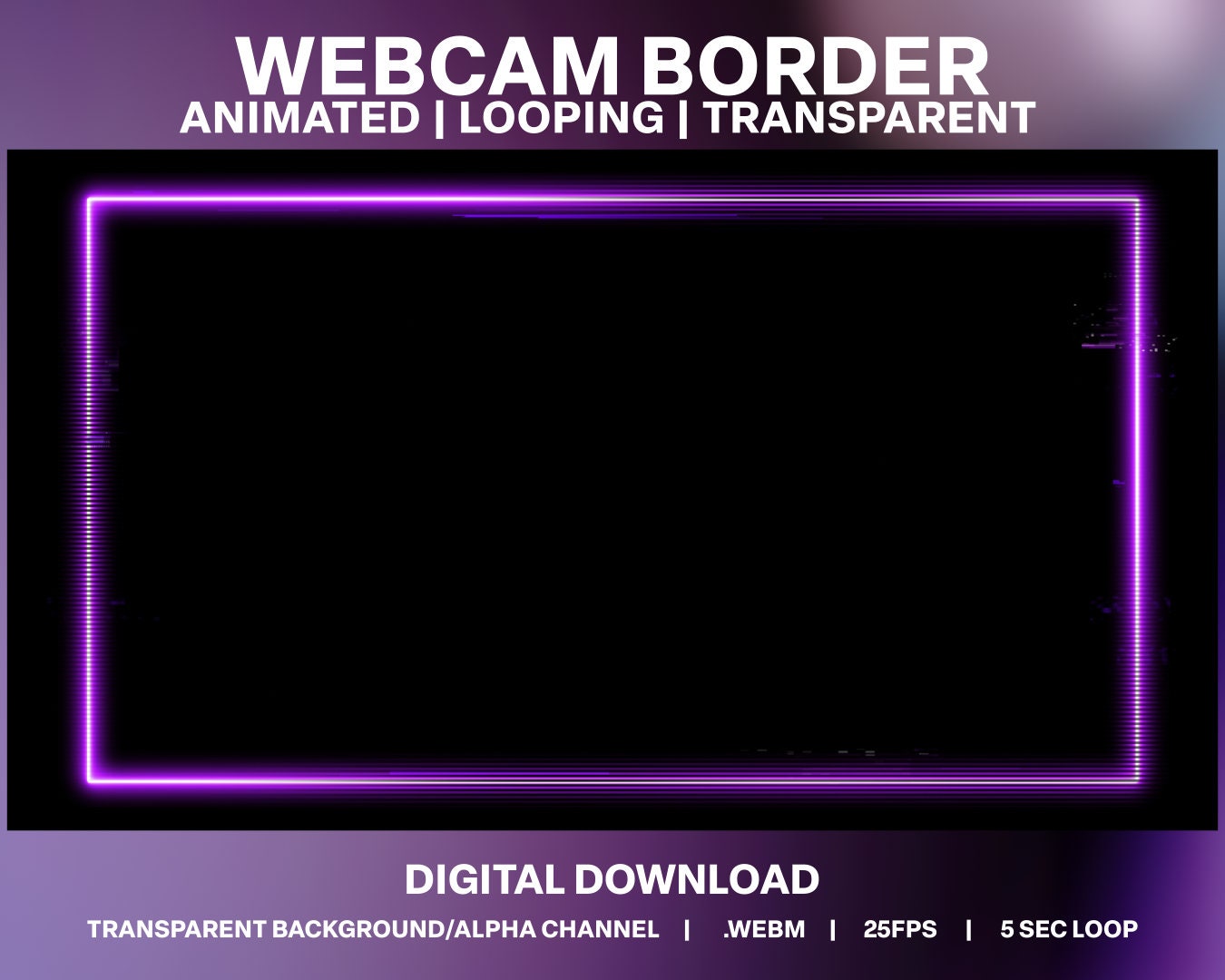 Purple Neon Glitch Animated Webcam Border Cyber Glitch Camera Stream ...