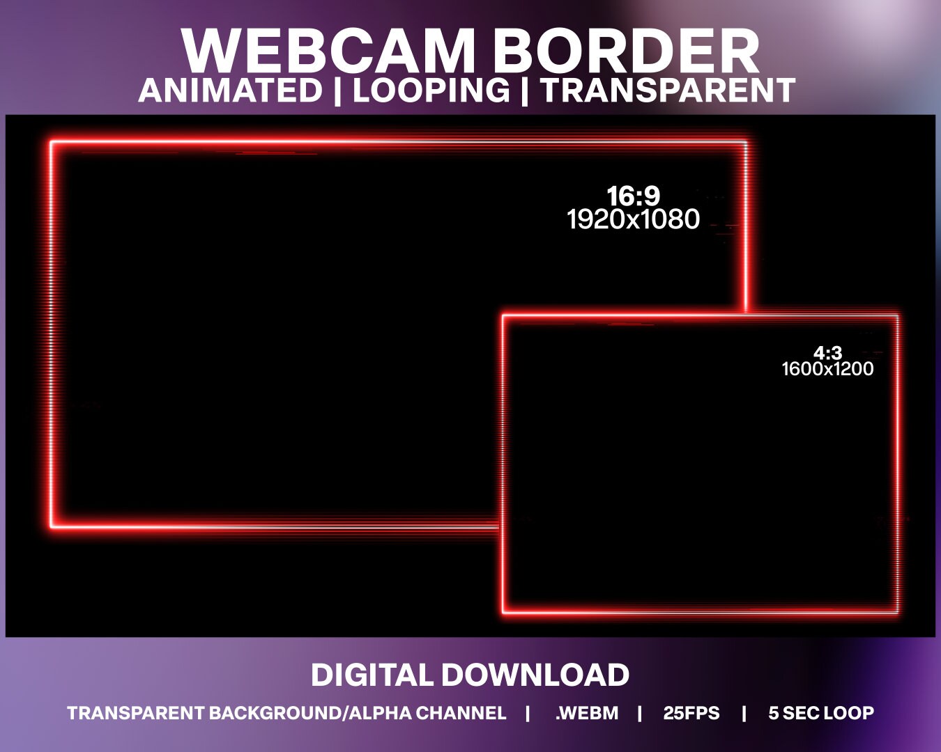Red Neon Glitch Animated Webcam Border: Streaming Overlay (digital ...