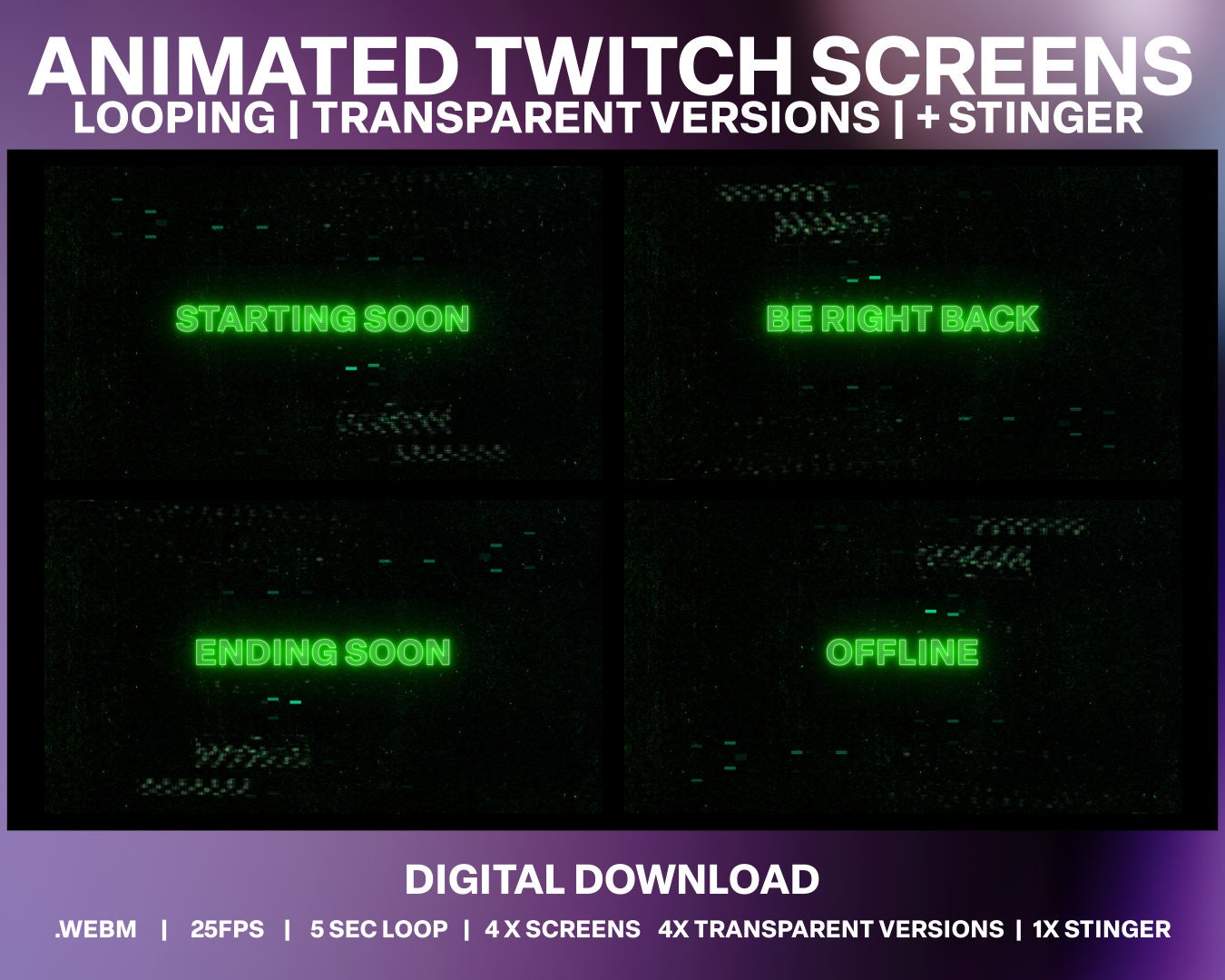 Neon Glitch Animated Twitch Stream Screens VHS Cyber Punk Noise Stream ...