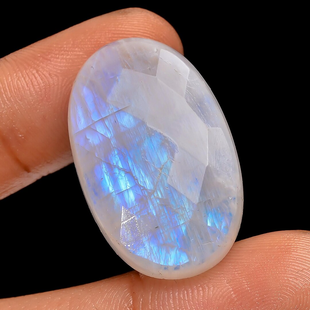 Facted Cut Moonstone Cabochon Blue Fire Oval Moonstone in Cut Flat Back ...