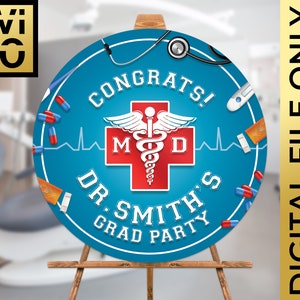 Doctor Graduation Party Round Poster in Blue, Thank You Doctor, Red ...