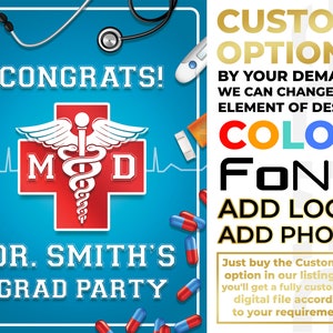 Medical Doctor Graduation Party Poster in Blue, Med Student, Red Cross ...