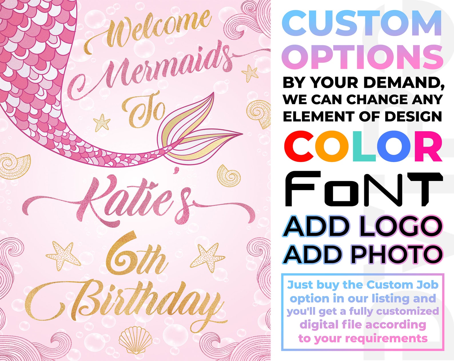Mermaids Theme Kids Birthday Poster in Pink and Blue, Under the Sea ...
