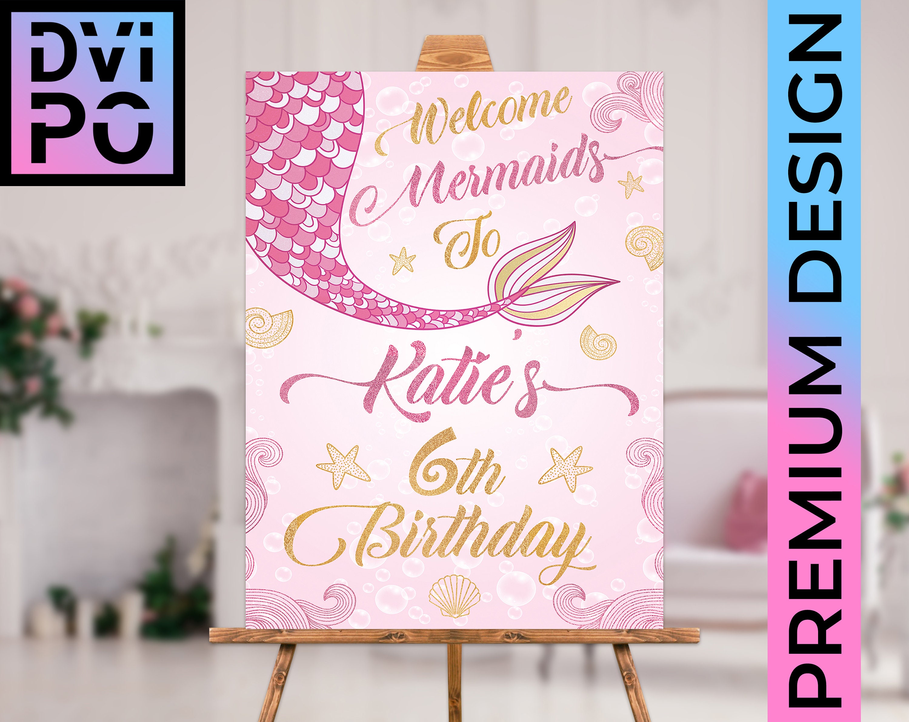 Mermaids Theme Kids Birthday Poster in Pink and Blue, Under the Sea ...