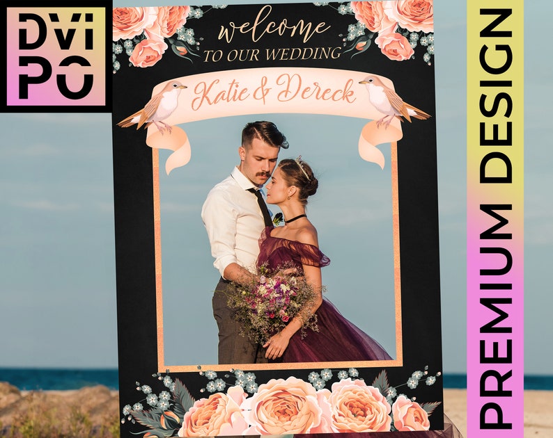 Personalized Wedding Photo Booth Frame With Birds and Peach Roses ...