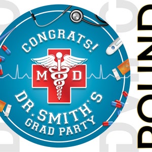 Doctor Graduation Party Round Poster in Blue, Thank You Doctor, Red ...
