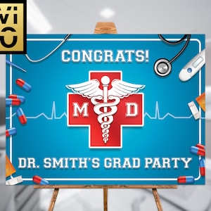 Medical Doctor Graduation Party Poster in Blue, Med Student, Red Cross ...