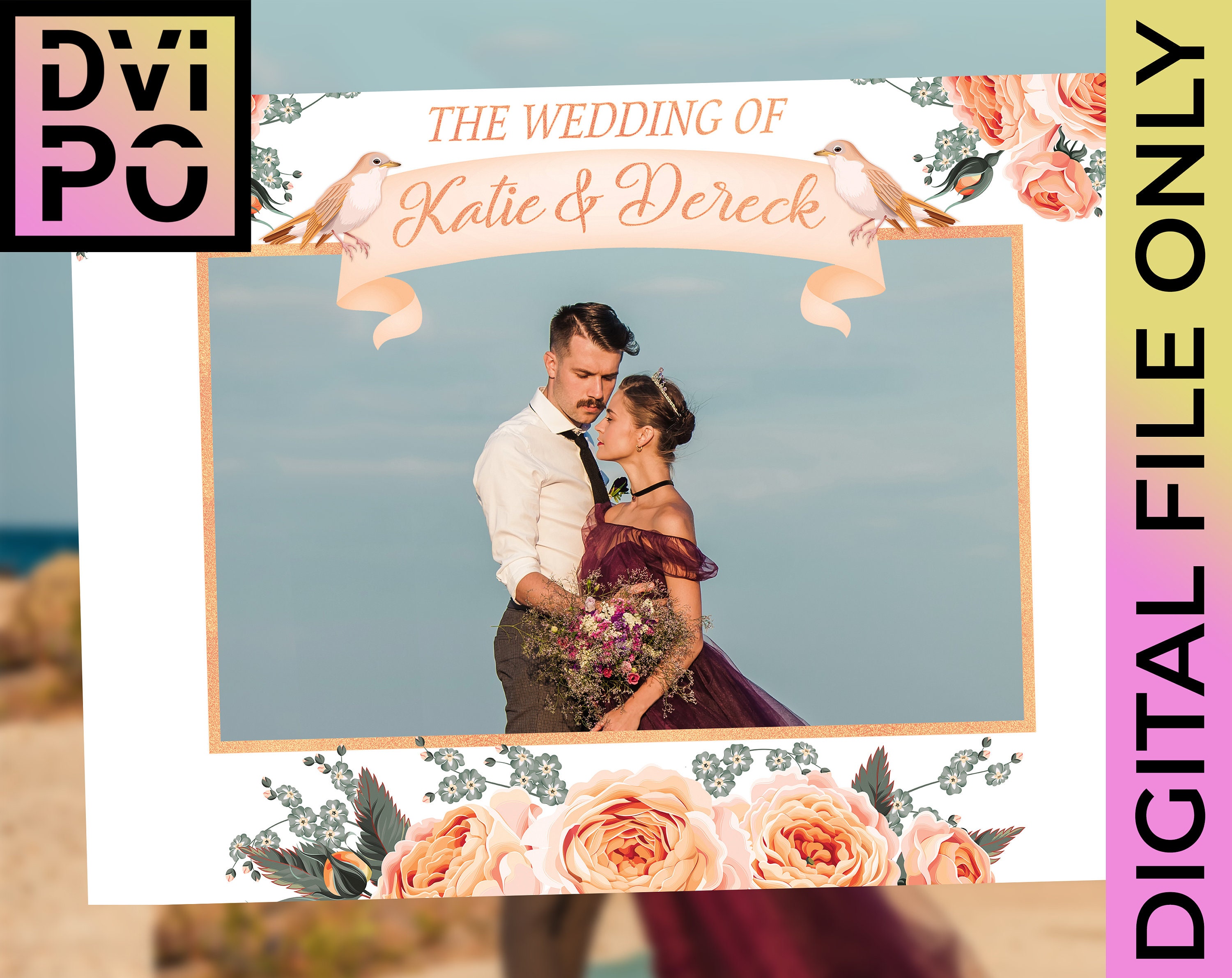 Personalized Wedding Photo Booth Frame With Birds and Peach Roses ...