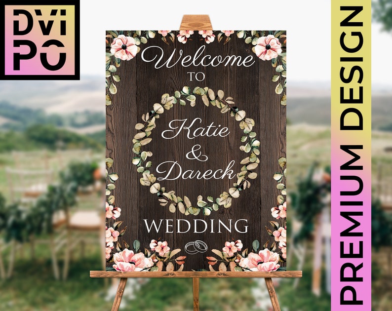 Rustic Personalized Wedding Poster With Floral Wreath, Wooden Wedding ...