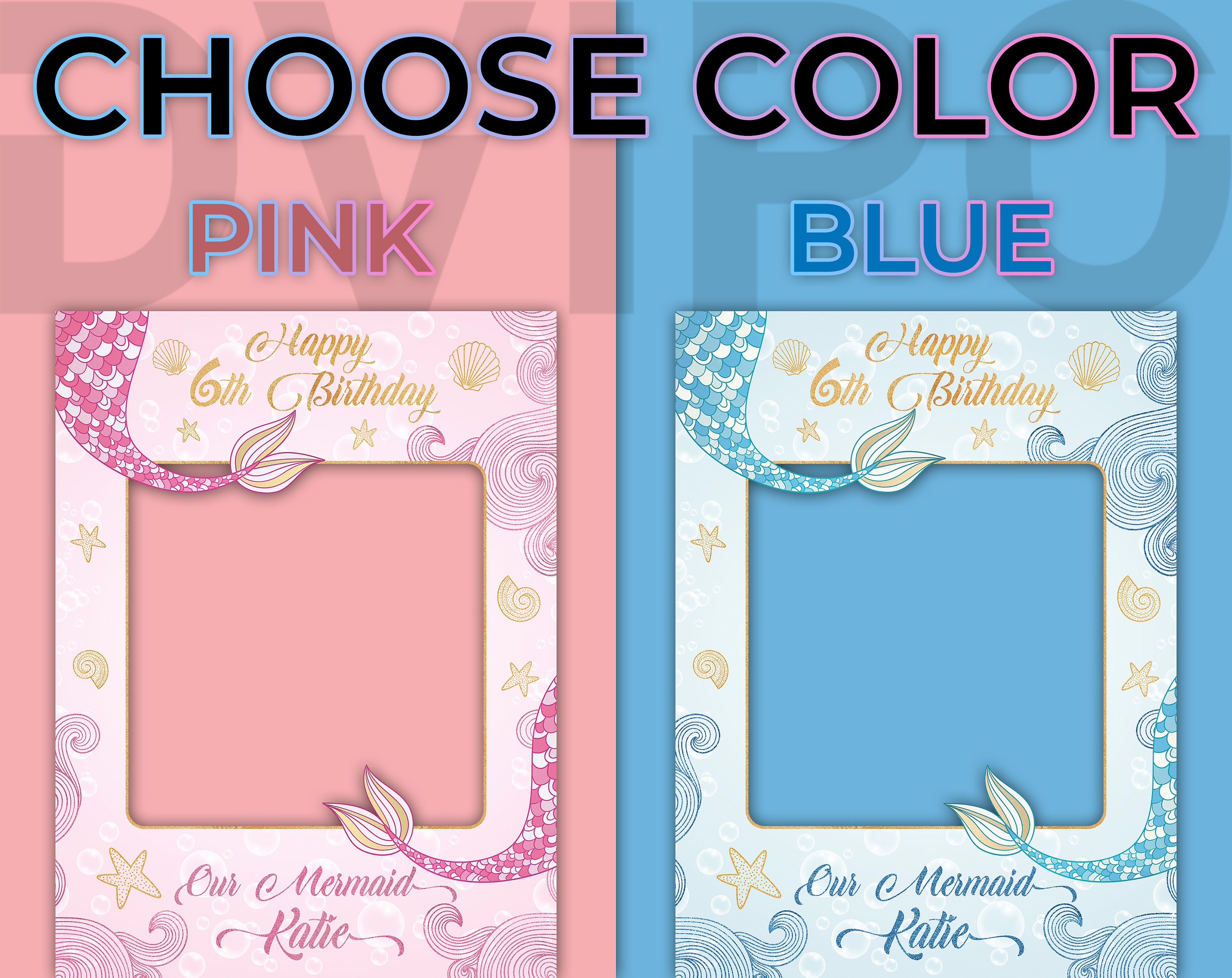 Mermaids Theme Kids Birthday Photo Booth Frame in Pink and Blue, Under ...