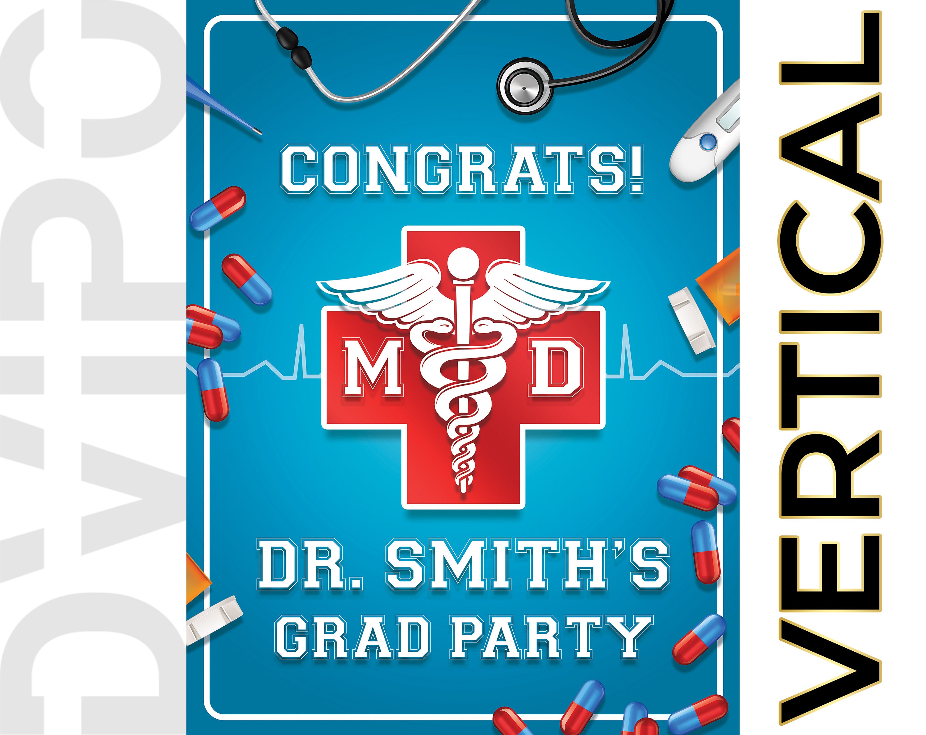 Medical Doctor Graduation Party Poster in Blue, Med Student, Red Cross ...