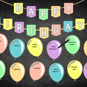 Birthday Chart Elementary Classroom Balloons Digital Download Printable ...