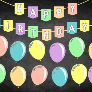Birthday Chart Elementary Classroom Balloons Digital Download Printable ...