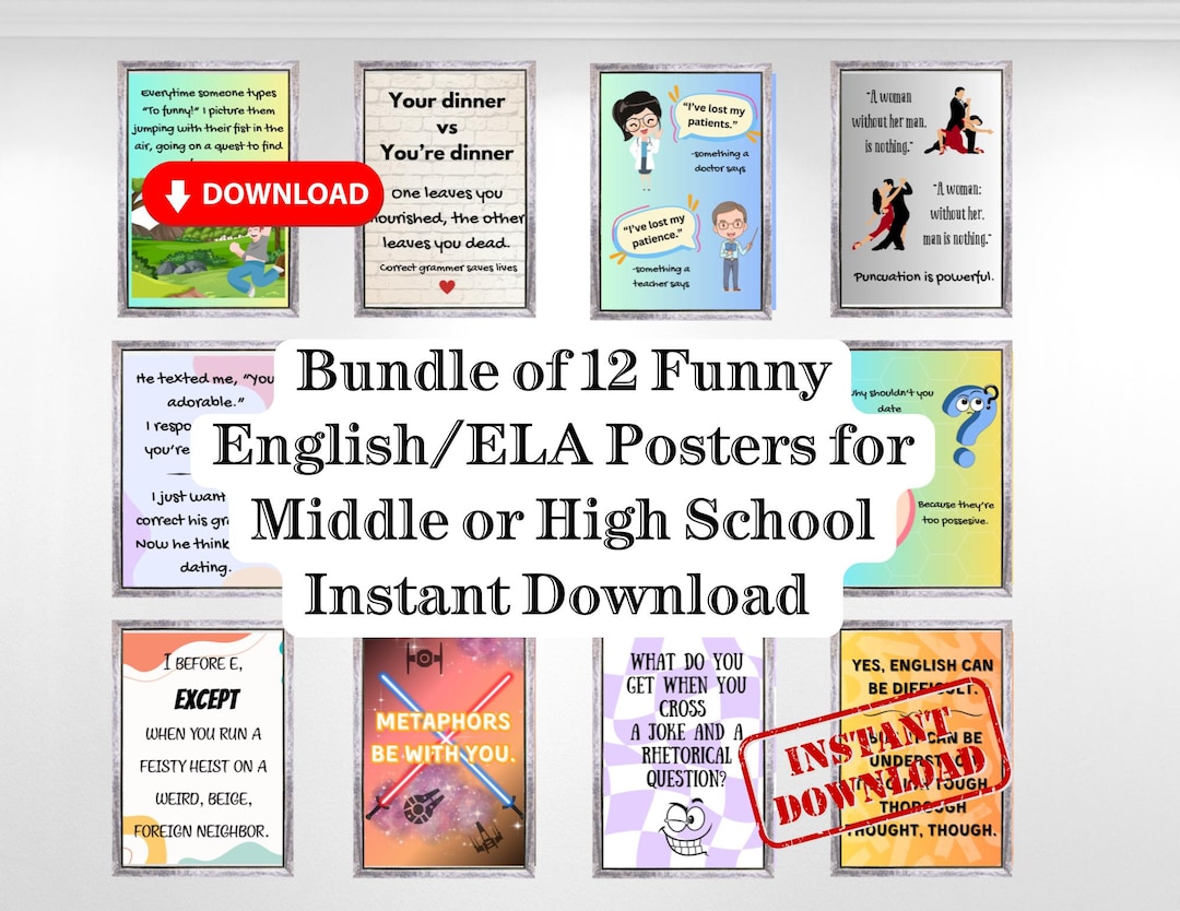 English ELA Funny Posters Teacher Memes Bundle of 12 Printable Digital ...