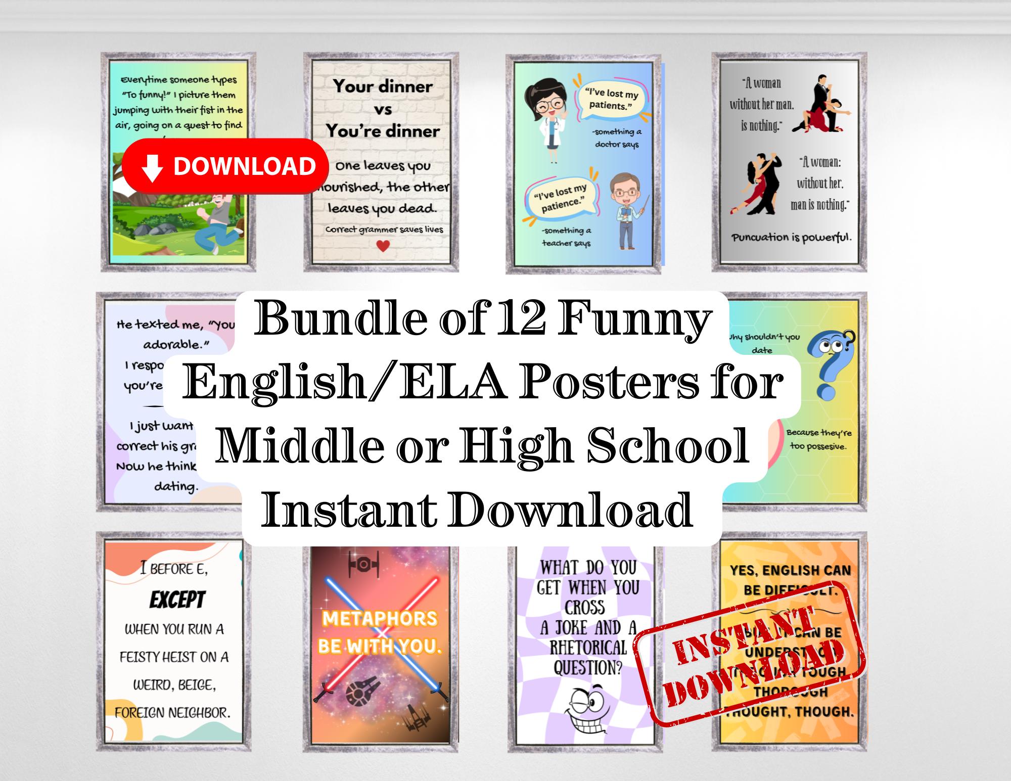 English ELA Funny Posters Teacher Memes Bundle of 12 Printable Digital Download Classroom Decor ...