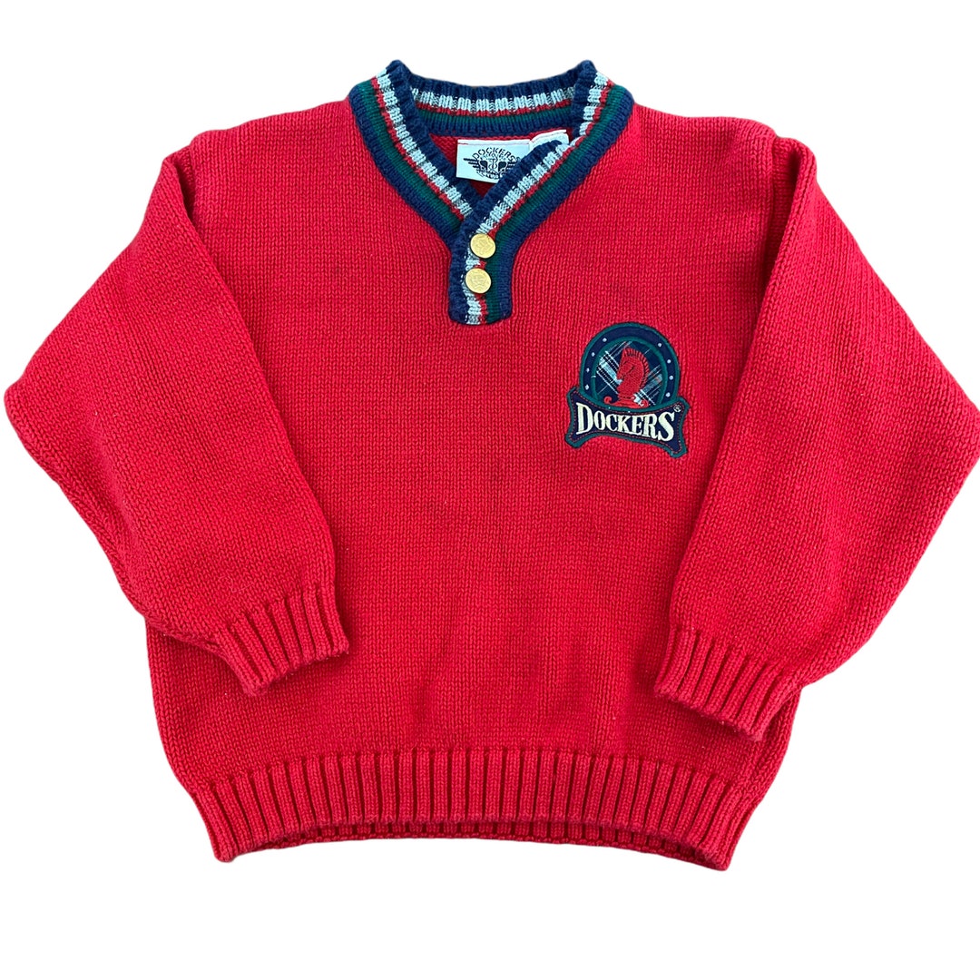 90s Dockers Red Knit Sweater With Crest and Stripe V-neck, Size 5 ...