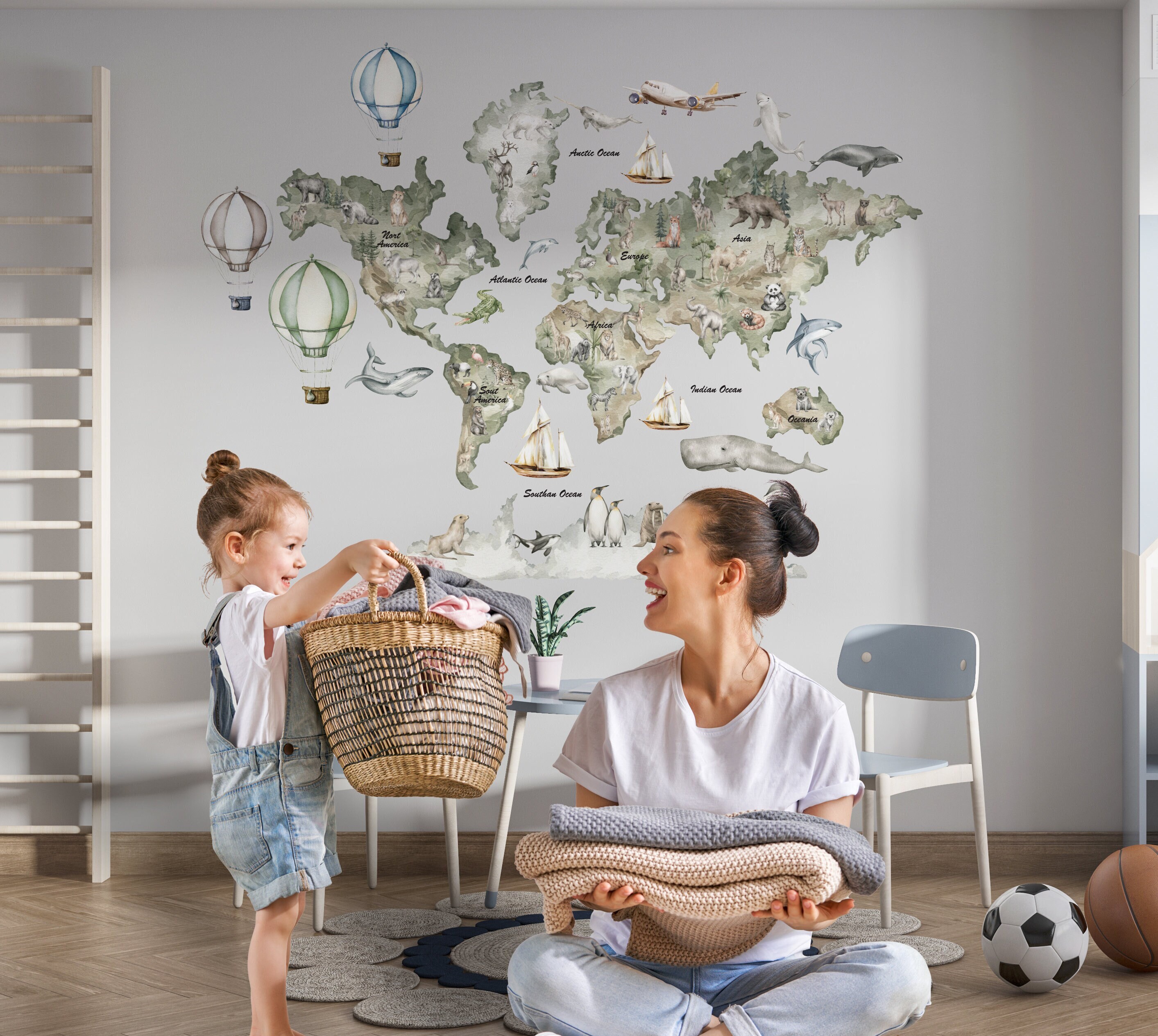 Kids Map Wall Decal Kids World Map Wall Sticker Nursery Map - Etsy