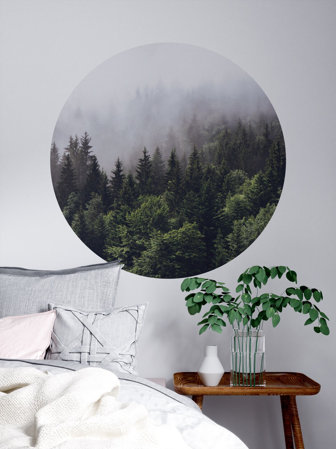Foggy Forest Circle Wall Decal, Minimal Nature Peel and Stick Wall Art ...