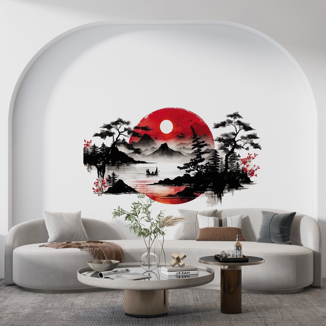 Circle Wall Decal | Mountain With Tree Wall Sticker | Landscape Wall ...