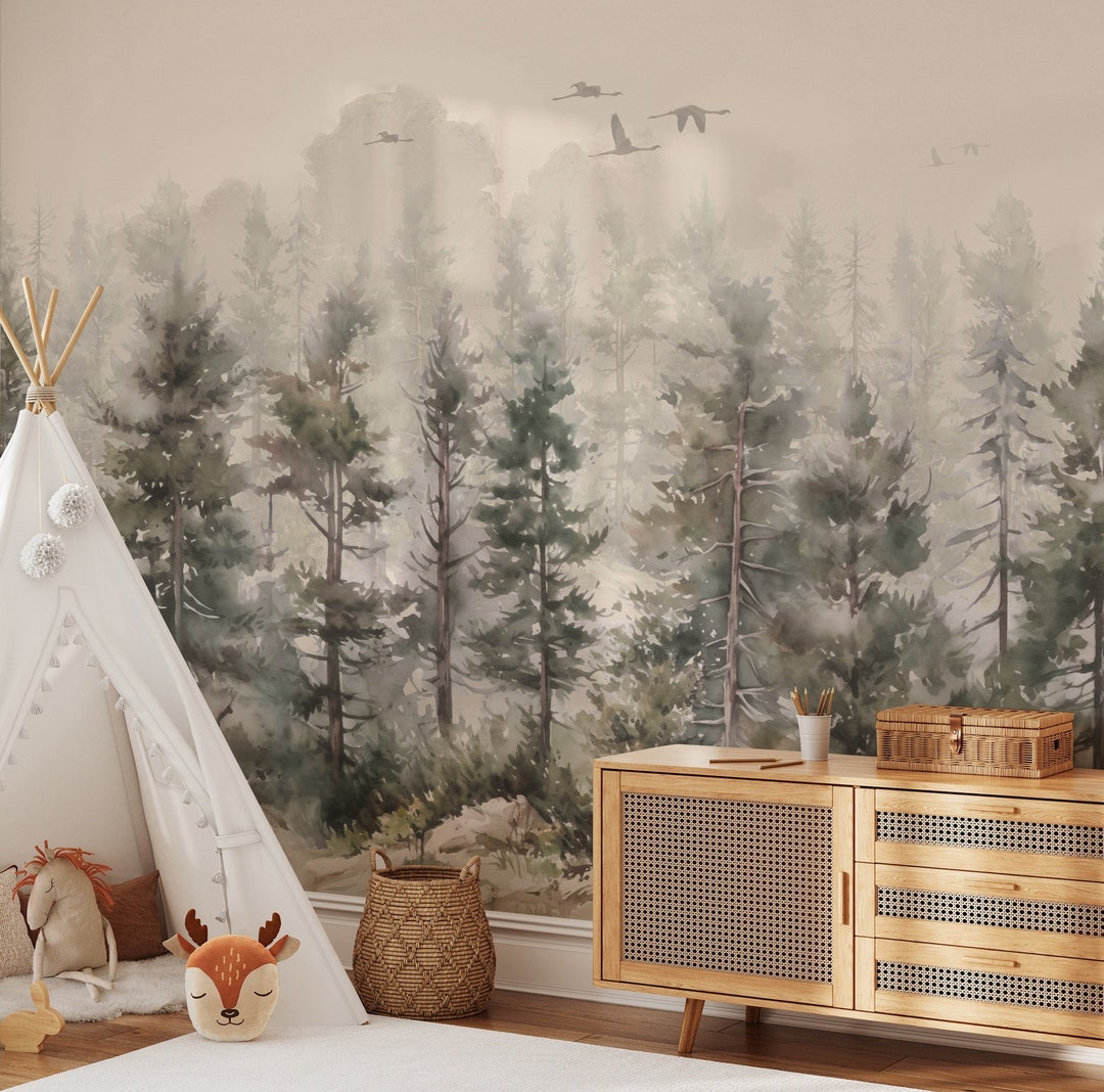 Kids Pine Tree Wallpaper Peel and Stick Watercolor Forest Wall Mural ...
